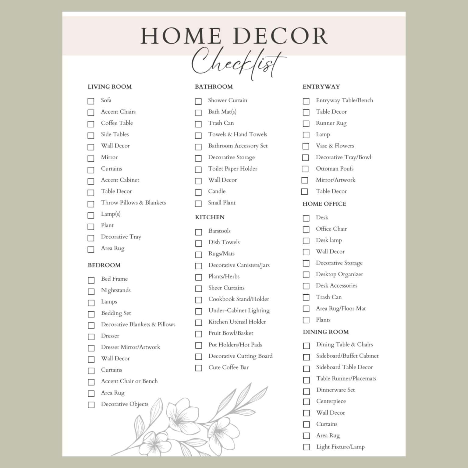 The Perfect FREE Home Decor Checklist to Decorate Like a Pro